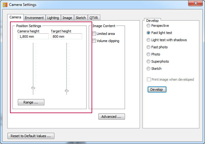 Camera position settings