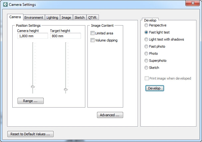 About the camera settings dialog
