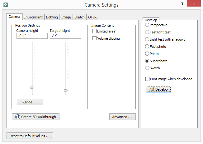 About the camera settings dialog